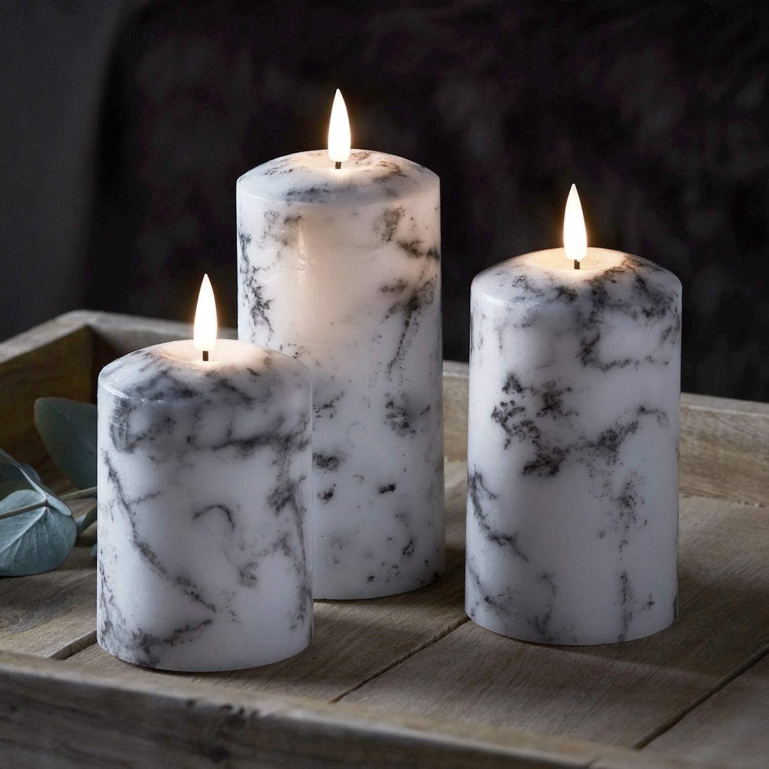 Set of 2 LED Marble Effect Wax Pillar Candles - 3 Size Options – Cosmo ...